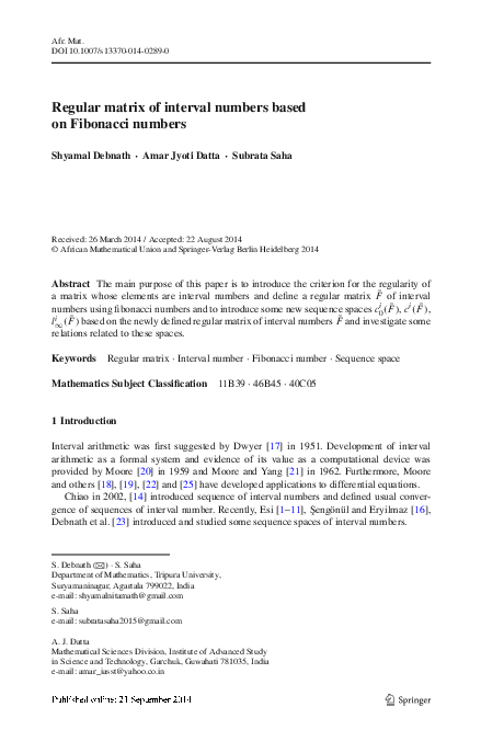 (PDF) Regular matrix of interval numbers based on Fibonacci numbers