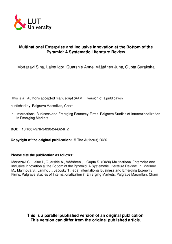 (PDF) Multinational Enterprise and Inclusive Innovation at the Bottom ...