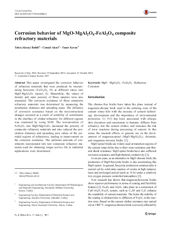 (PDF) Corrosion behavior of MgO-MgAl2O4-FeAl2O4 composite refractory ...
