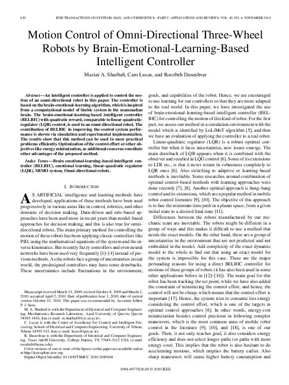 Pdf Motion Control Of Omni Directional Three Wheel Robots By Brain Emotional Learning Based