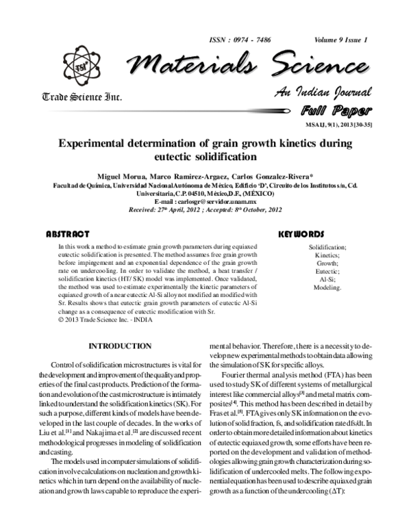 (PDF) Experimental determination of the grain growth kinetics during solidification of eutectic ...