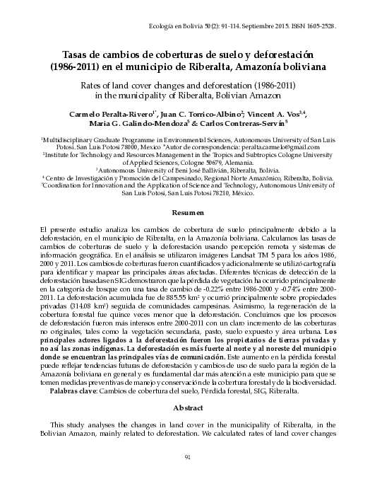 (PDF) Tasas de cambios de coberturas de suelo y deforestación (1986-2011) en el municipio de ...