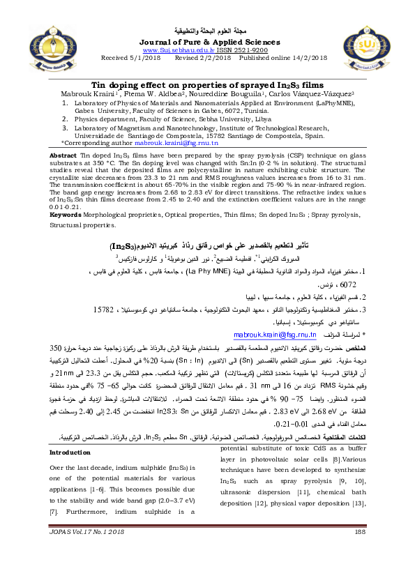 Pdf Tin Doping Effect On Properties Of Sprayed In2s3 Films