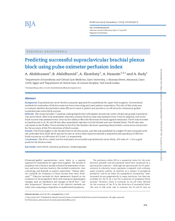 (PDF) Predicting successful supraclavicular brachial plexus block using pulse oximeter perfusion ...