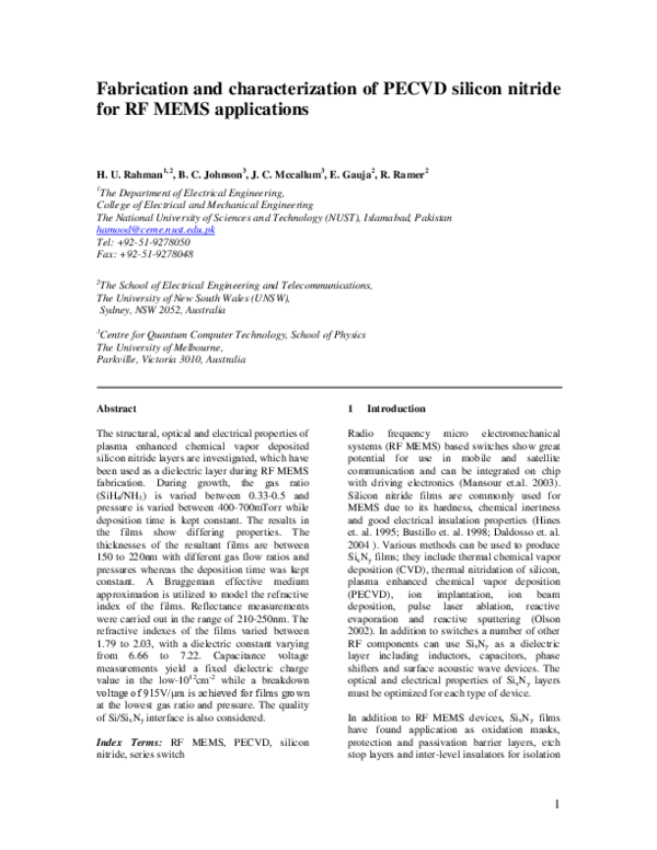 (PDF) Fabrication and characterization of PECVD silicon nitride for RF MEMS applications