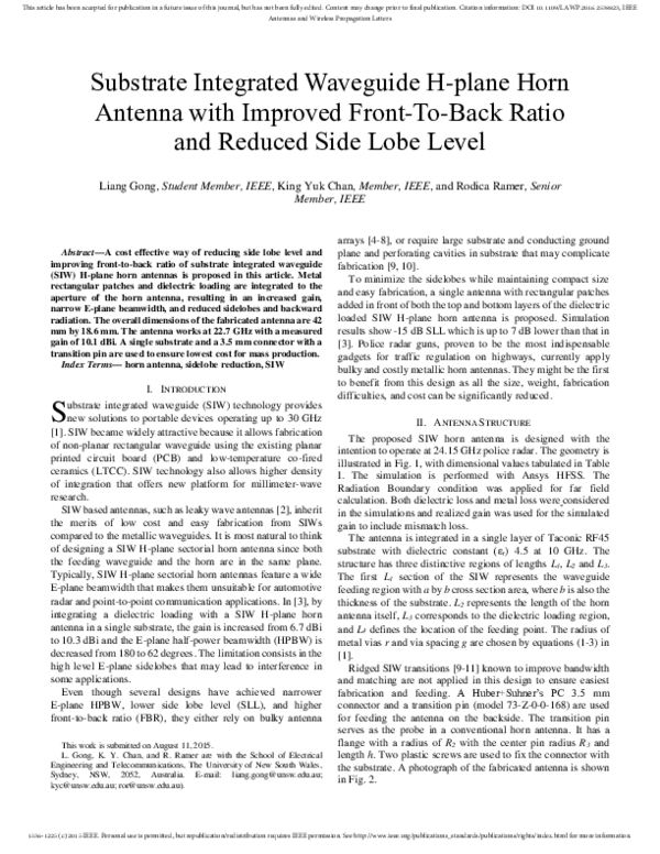 (PDF) Substrate Integrated Waveguide H-Plane Horn Antenna With Improved Front-to-Back Ratio and ...