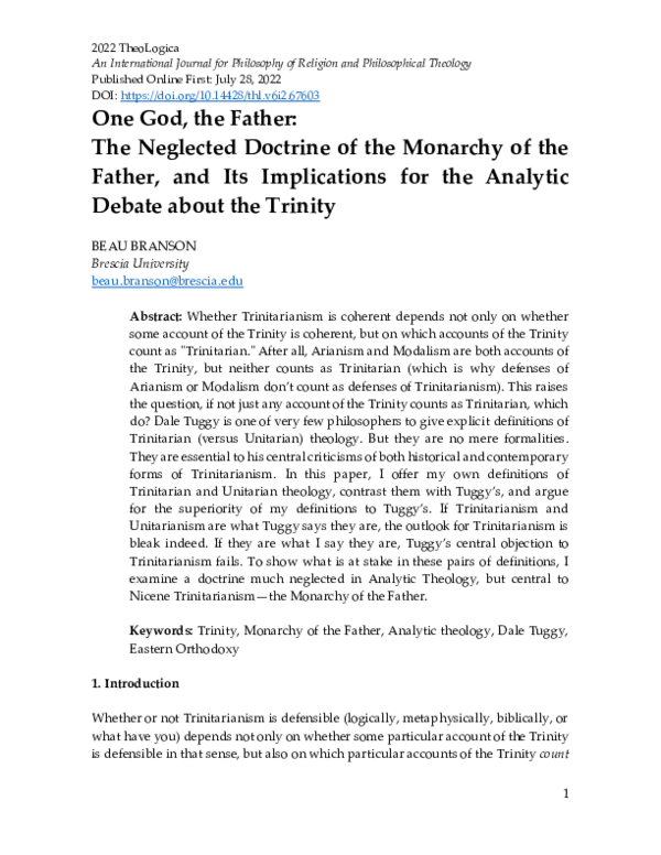 (PDF) One God, the Father: The Neglected Doctrine of the Monarchy of ...
