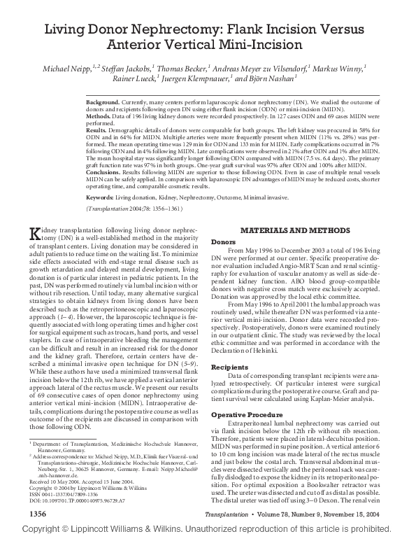 (PDF) Living Donor Nephrectomy: Flank Incision Versus Anterior Vertical ...