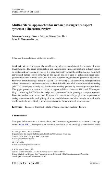 Pdf Multi Criteria Approaches For Urban Passenger Transport Systems A Literature Review