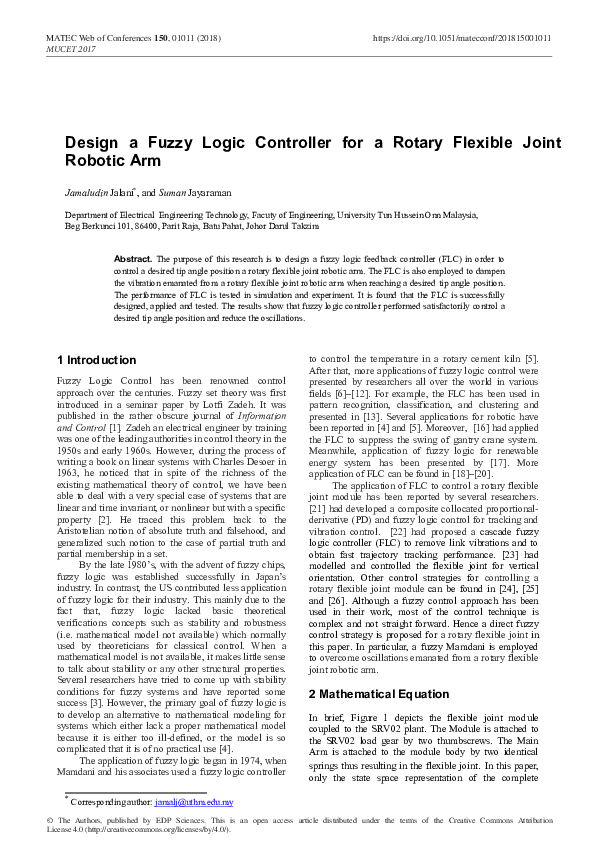 (PDF) Design a Fuzzy Logic Controller for a Rotary Flexible Joint Robotic Arm