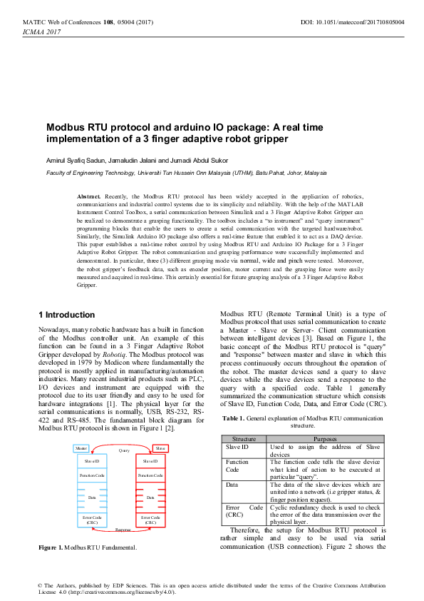 Pdf Real Time Grasping With Modbus And Arduino