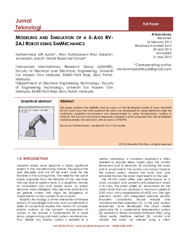 (PDF) Modeling and Simulation of a 5-AXIS RV-2AJ Robot Using Simmechanics
