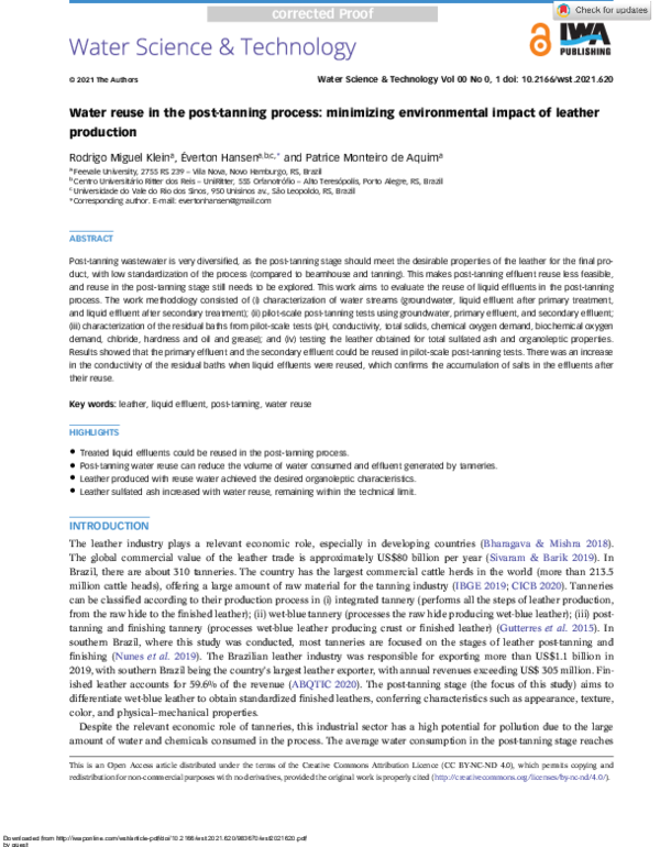 (PDF) Water reuse in the post-tanning process: minimizing environmental impact of leather production