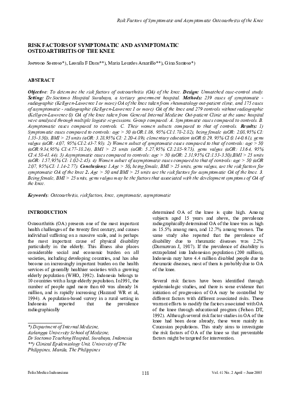 Pdf Risk Factors Of Symptomatic Osteoarthritis Of The Knee At A
