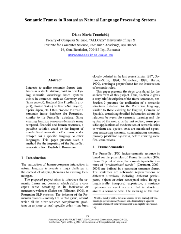 (PDF) Semantic frames in Romanian natural language processing systems