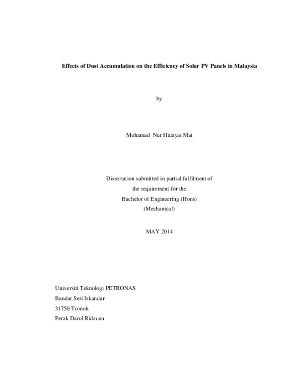 Pdf Effects Of Dust Accumulation On The Efficiency Of Solar Pv Panels In Malaysia