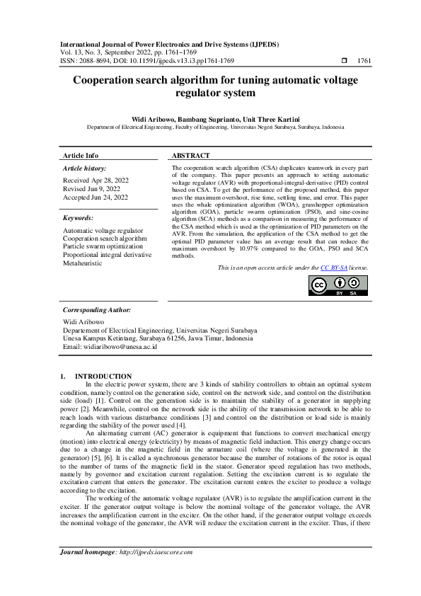 Pdf Cooperation Search Algorithm For Tuning Automatic Voltage Regulator System