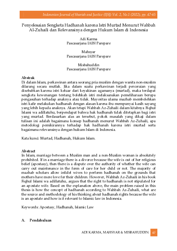 (PDF) Penyelesaian Sengketa Hadhanah karena Istri Murtad Menurut Wahbah ...