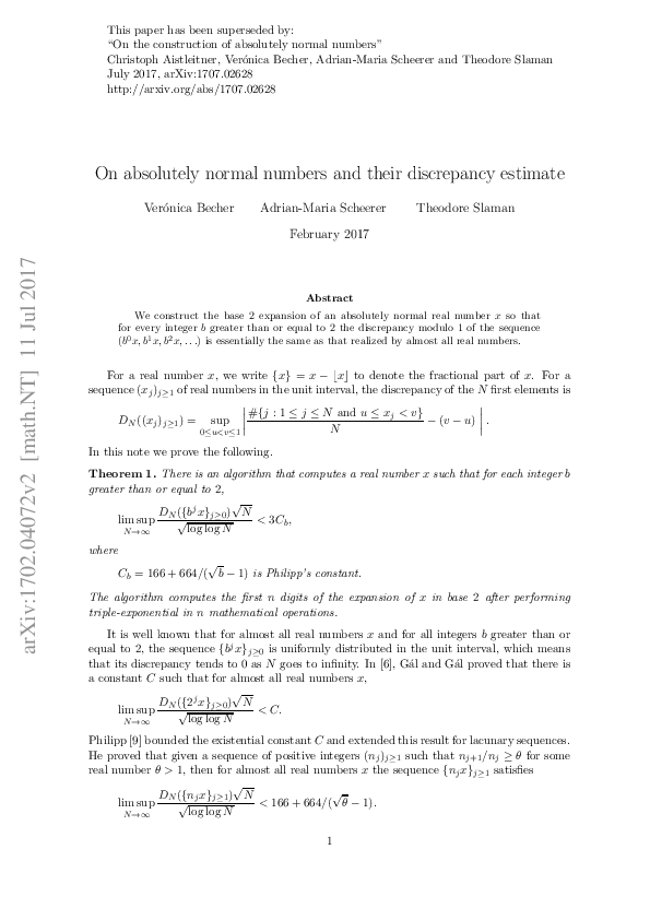 (PDF) On absolutely normal numbers and their discrepancy estimate
