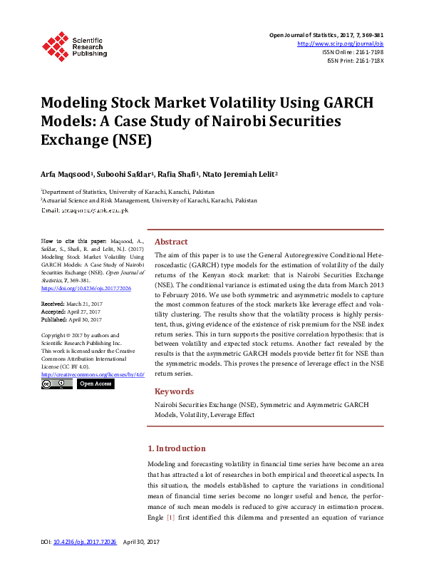(PDF) Modeling Stock Market Volatility Using GARCH Models: A Case Study of Nairobi Securities ...