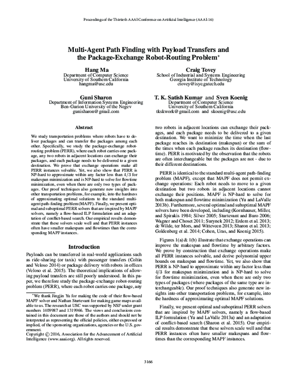 (PDF) Multi-Agent Path Finding with Payload Transfers and the Package-Exchange Robot-Routing ...