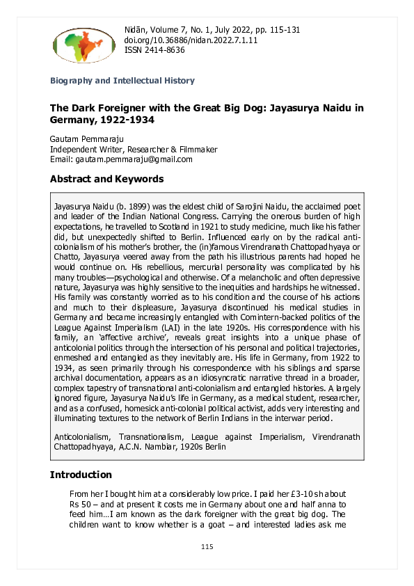 (PDF) The Dark Foreigner with the Great Big Dog: Jayasurya Naidu in ...
