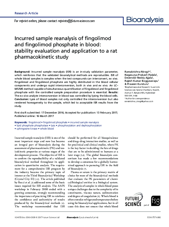 (PDF) Incurred sample reanalysis of fingolimod and fingolimod phosphate ...