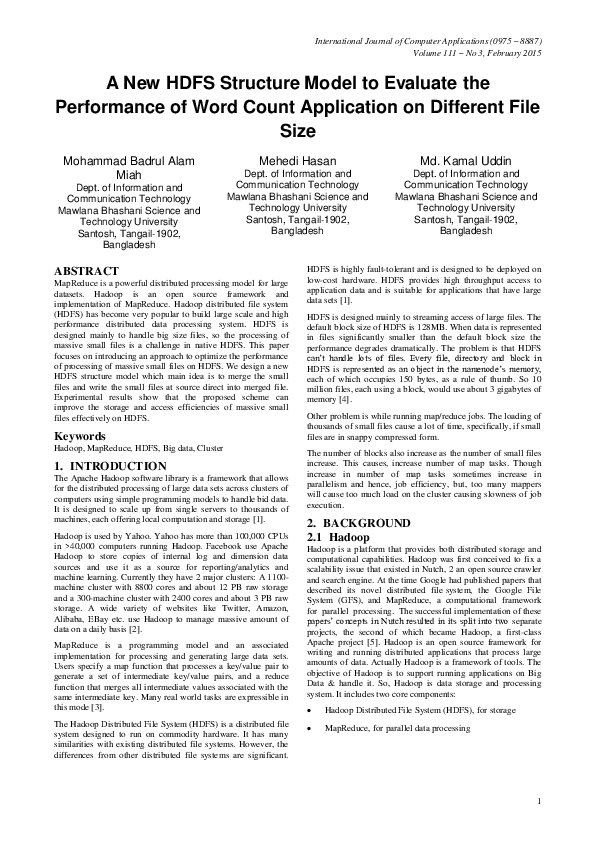 Pdf A New Hdfs Structure Model To Evaluate The Performance Of Word Count Application On