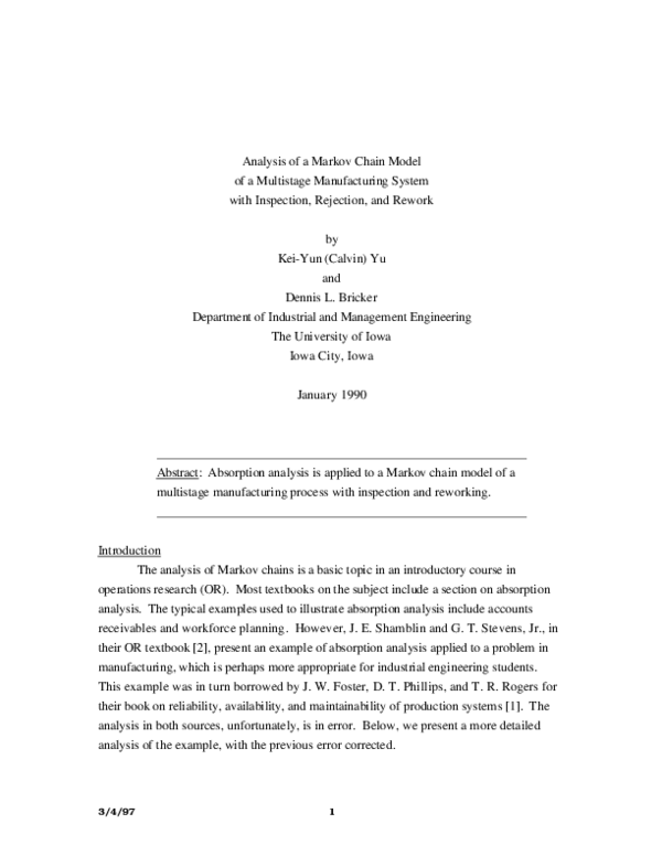 (PDF) Analysis of a Markov Chain Model of a Multistage Manufacturing System with Inspection ...