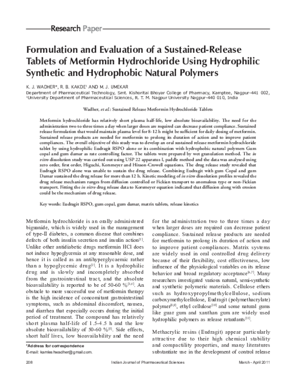 Pdf Formulation And Evaluation Of A Sustained Release Tablets Of Metformin Hydrochloride Using