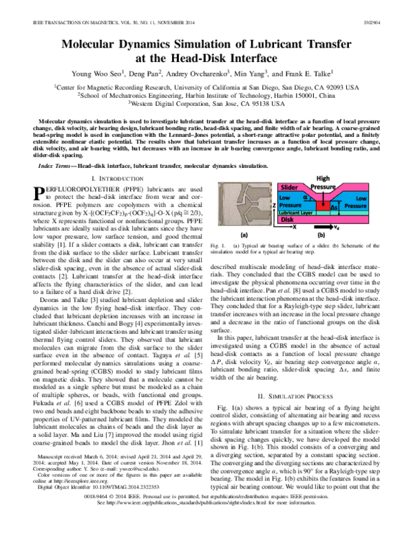 Pdf Molecular Dynamics Simulation Of Lubricant Transfer At The Head Disk Interface