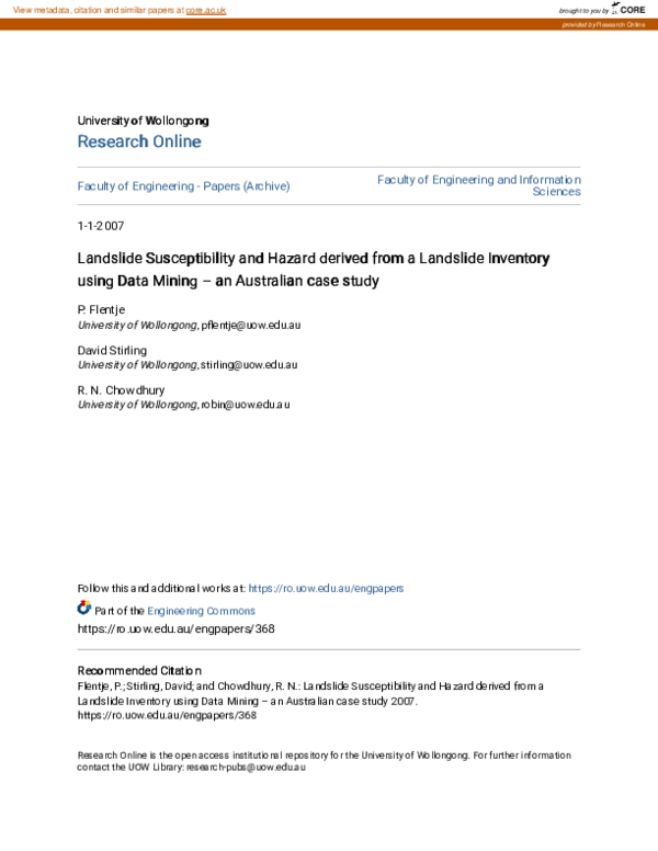 (PDF) Landslide Susceptibility and Hazard derived from a Landslide Inventory using Data Mining ...