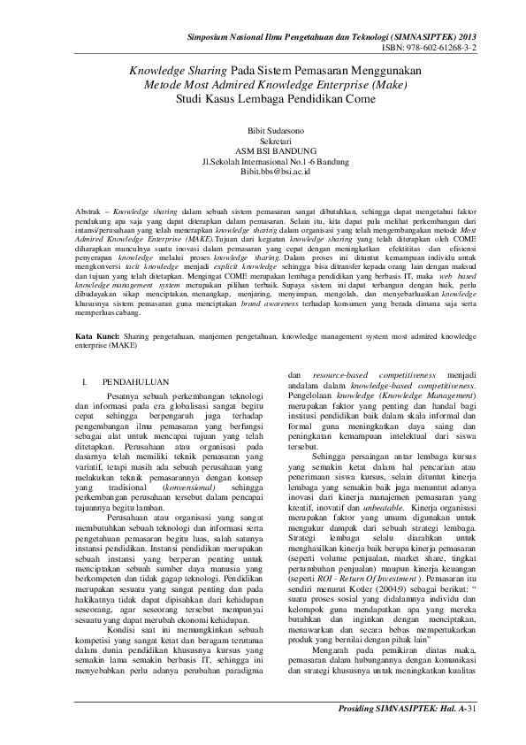 (PDF) Knowledge Sharing Pada Sistem Pemasaran Menggunakan Metode Most Admired Knowledge ...