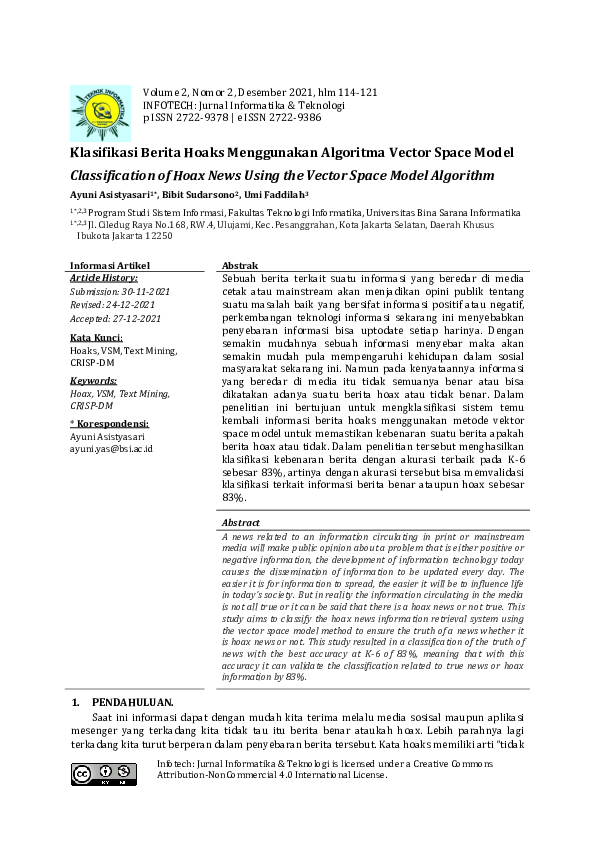 (PDF) Klasifikasi Berita Hoaks Menggunakan Algoritma Vector Space Model