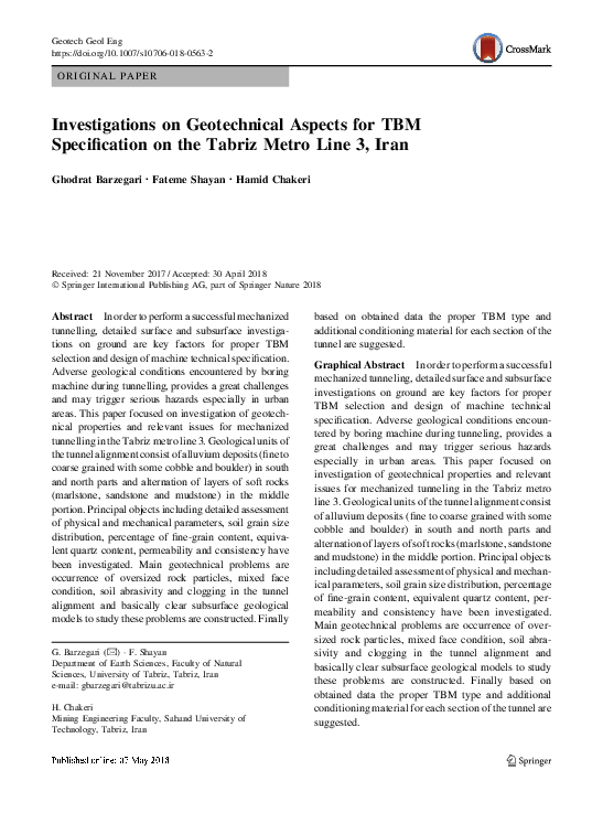 (PDF) Investigations on Geotechnical Aspects for TBM Specification on the Tabriz Metro Line 3, Iran