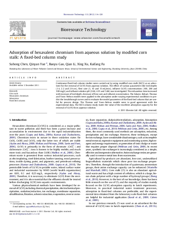 (PDF) Adsorption of hexavalent chromium from aqueous solution by modified corn stalk: A fixed ...