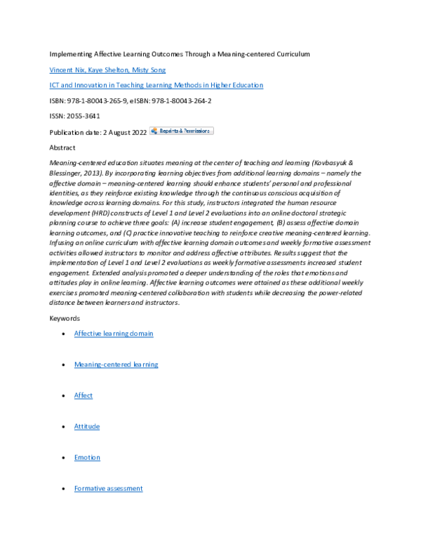 (PDF) Implementing Affective Learning Outcomes Through a Meaning ...