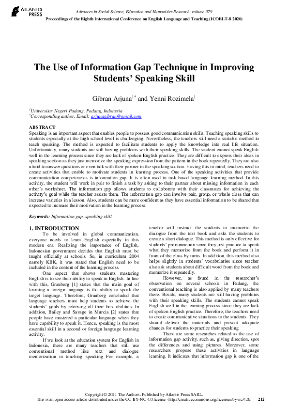 (PDF) The Use of Information Gap Technique in Improving Students’ Speaking Skill