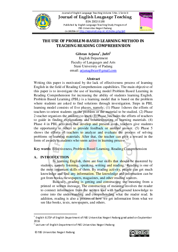 (PDF) The Use of Problem-Based Learning Method in Teaching Reading Comprehension