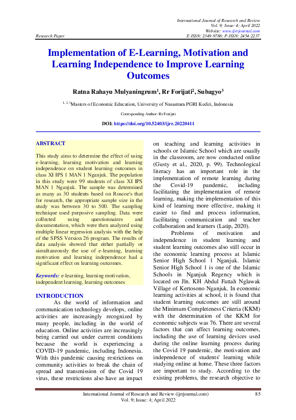 (PDF) Implementation of E-Learning, Motivation and Learning ...