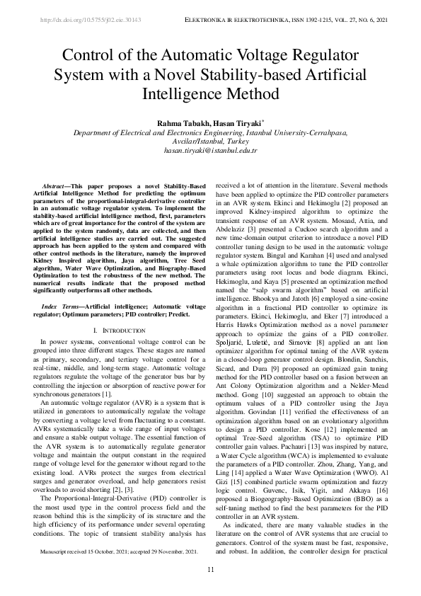 (PDF) Control of the Automatic Voltage Regulator System with a Novel Stability-based Artificial ...