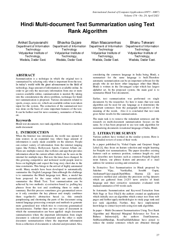 (PDF) Hindi Multi-document Text Summarization using Text Rank Algorithm