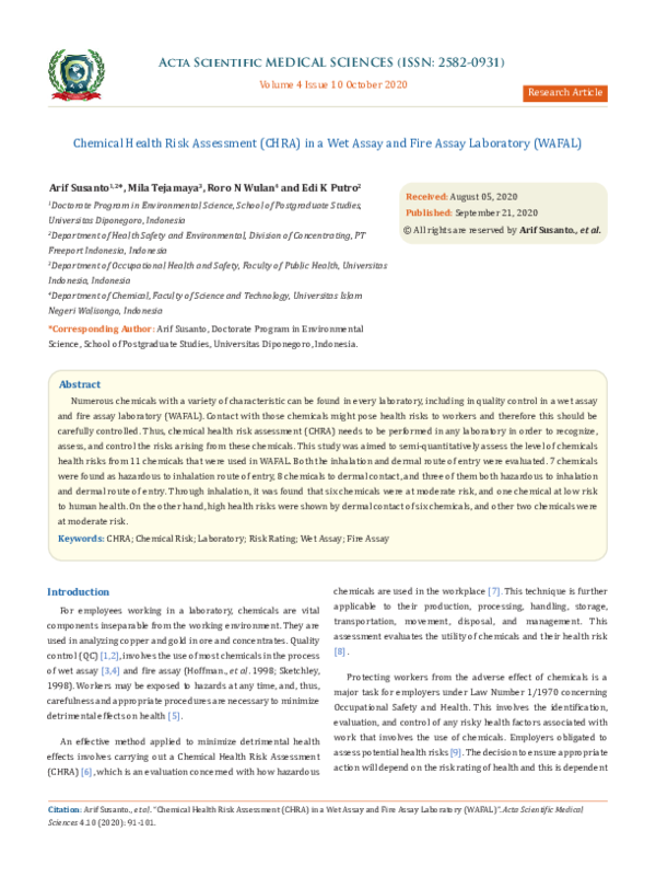 (PDF) Chemical Health Risk Assessment (CHRA) in a Wet Assay and Fire ...
