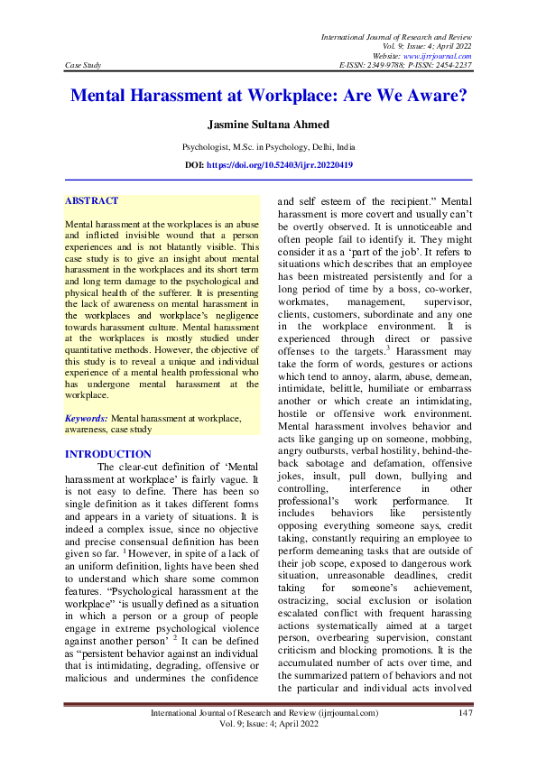 PDF Mental Harassment At Workplace Are We Aware International pdf-mental-harassment-at-workplace-are-we-aware-international