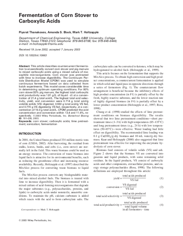 Fermentation of corn stover to carboxylic acids