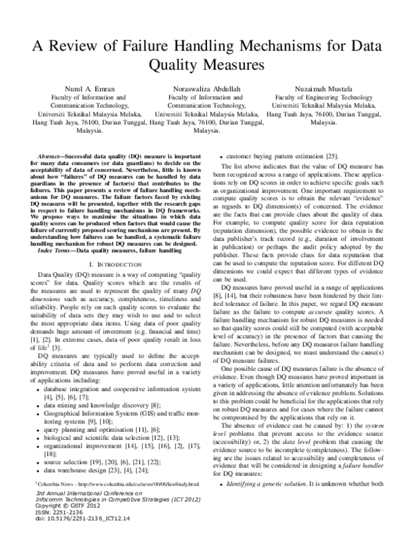 (PDF) A Review of Failure Handling Mechanism for Data Quality Measures