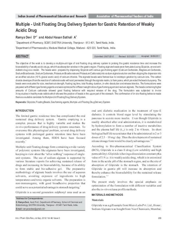 (PDF) Multiple - Unit Floating Drug Delivery System for Gastric ...