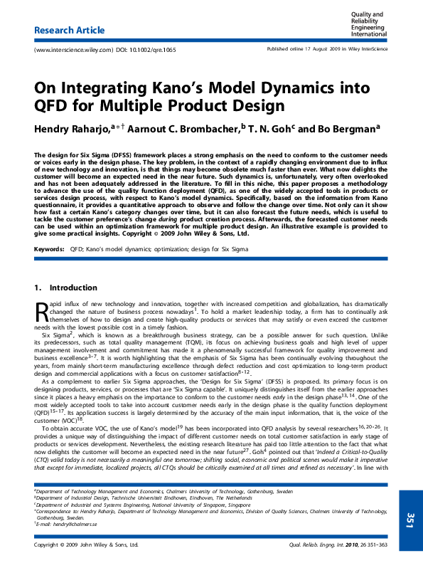 (PDF) On integrating Kano's model dynamics into QFD for multiple ...