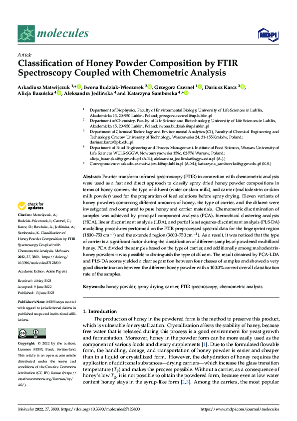 Pdf Classification Of Honey Powder Composition By Ftir Spectroscopy Coupled With Chemometric