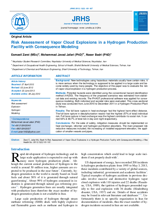 (PDF) Risk assessment of vapor cloud explosions in a hydrogen ...